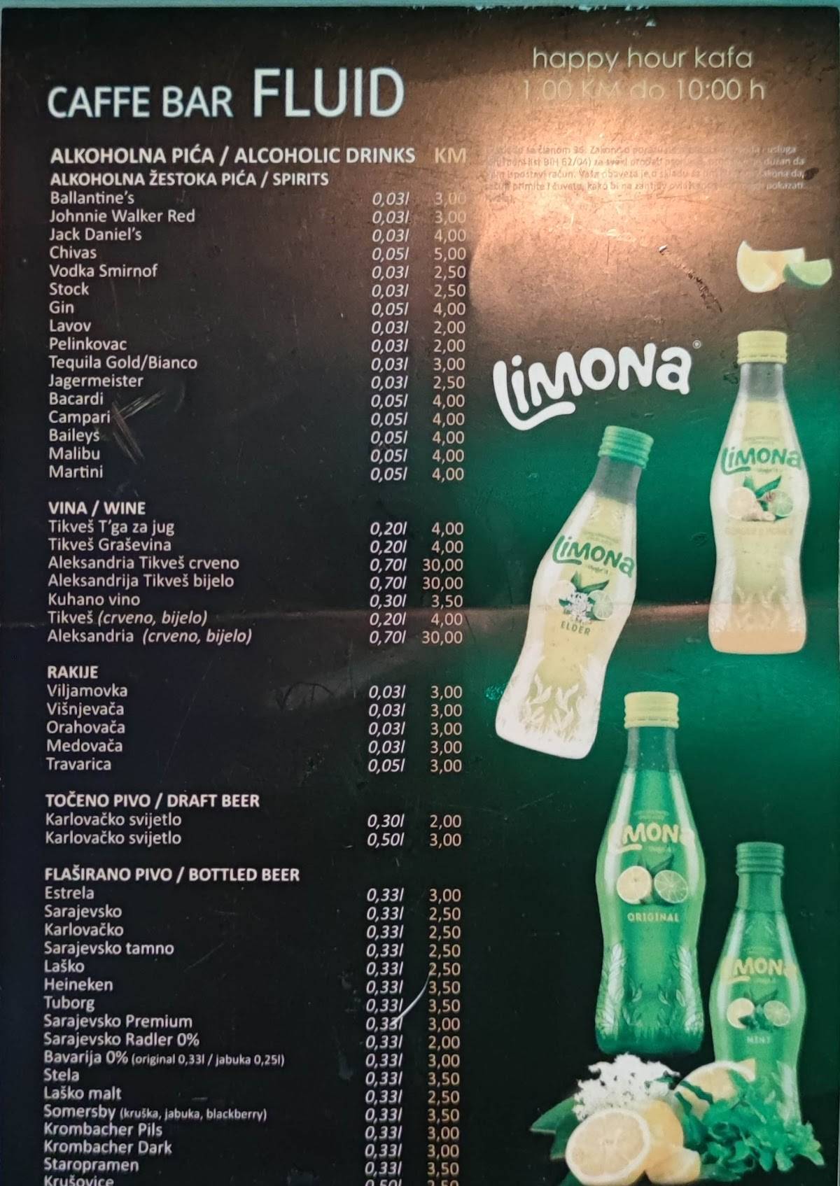 Speisekarte von Fluid Caffe Bar, Sarajevo