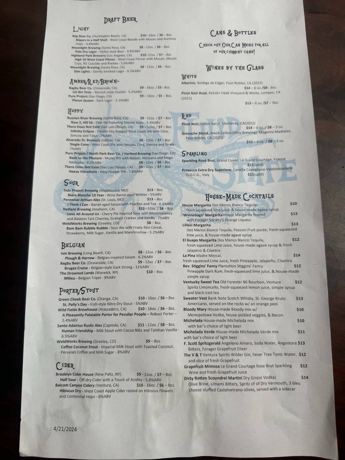 Menu at Fluid State Beer Garden pub & bar, Ventura