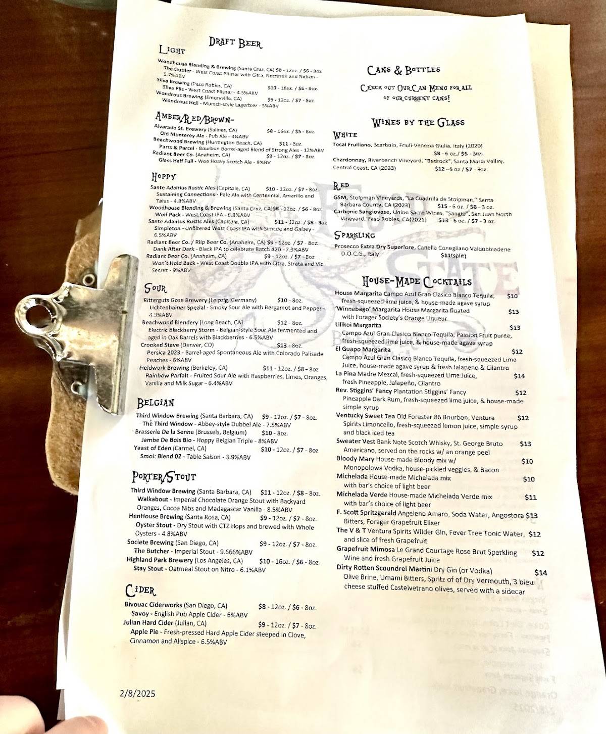 Menu at Fluid State Beer Garden pub & bar, Ventura