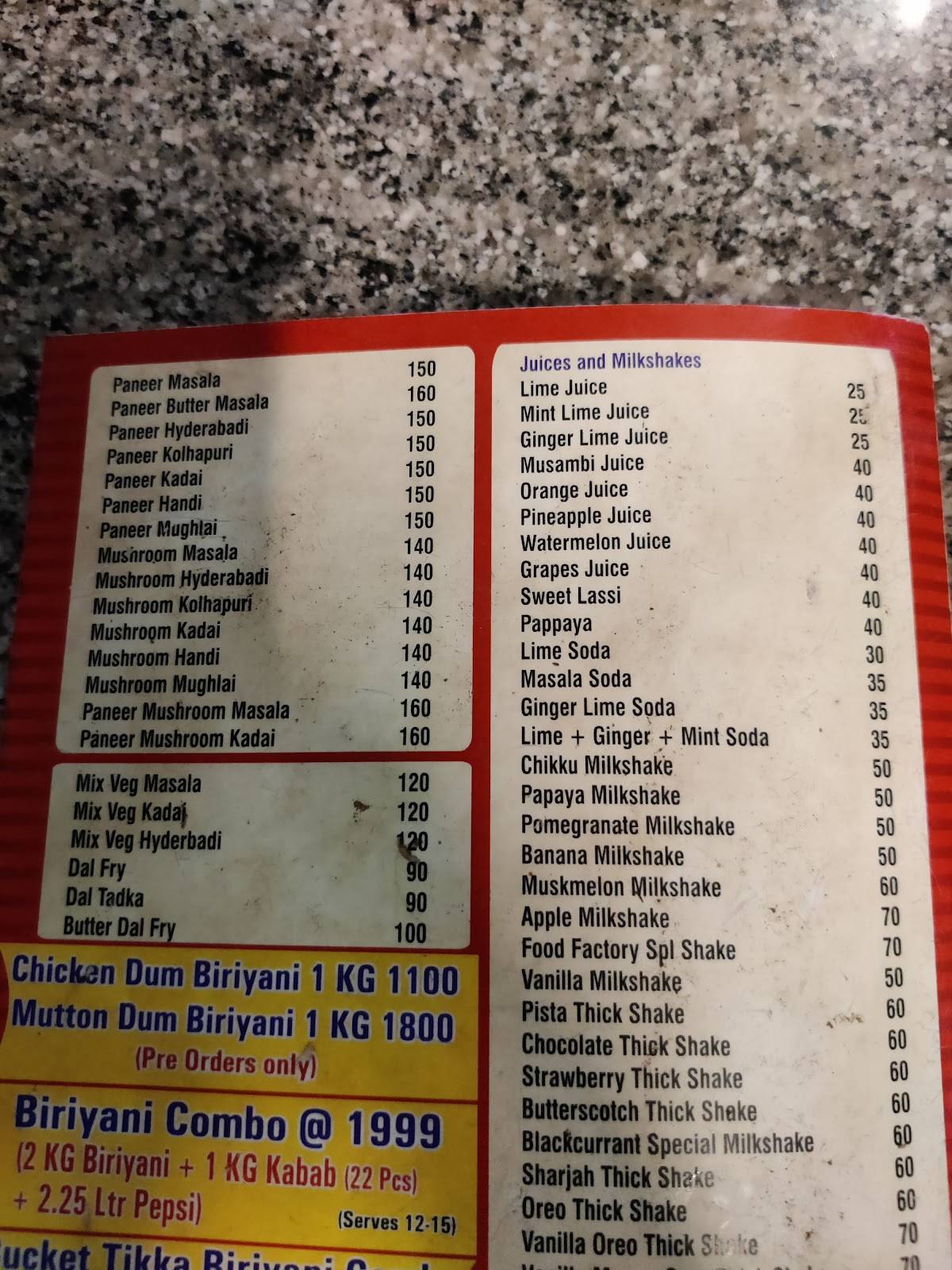 Menu at Food Factory, Mangaluru, cross