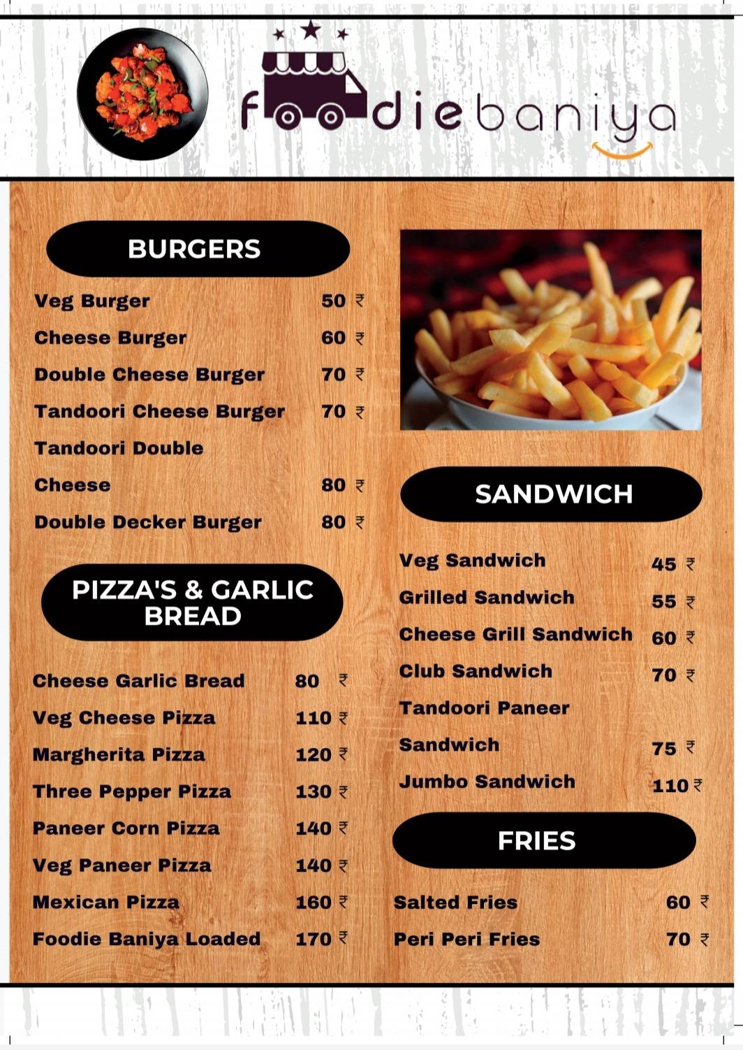 Menu at Foodie baniya, Bhilwara
