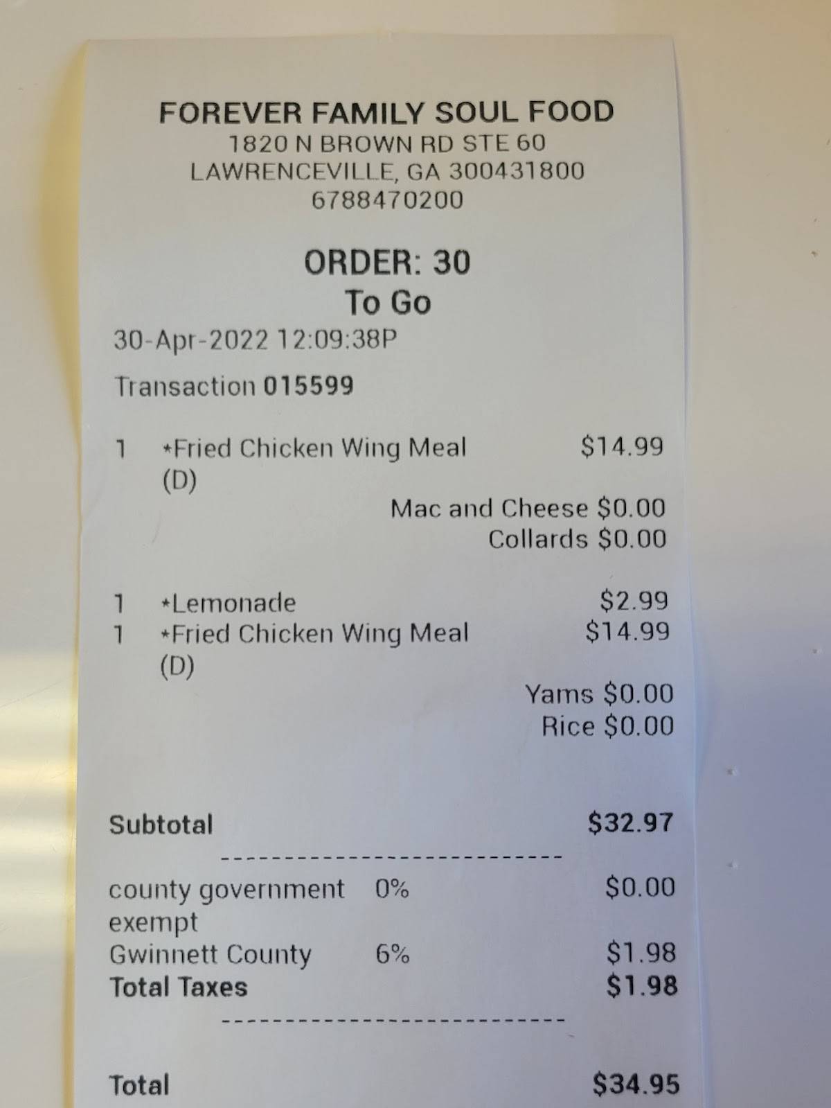 Menu at Forever Family Soul Food Restaurant, Lawrenceville