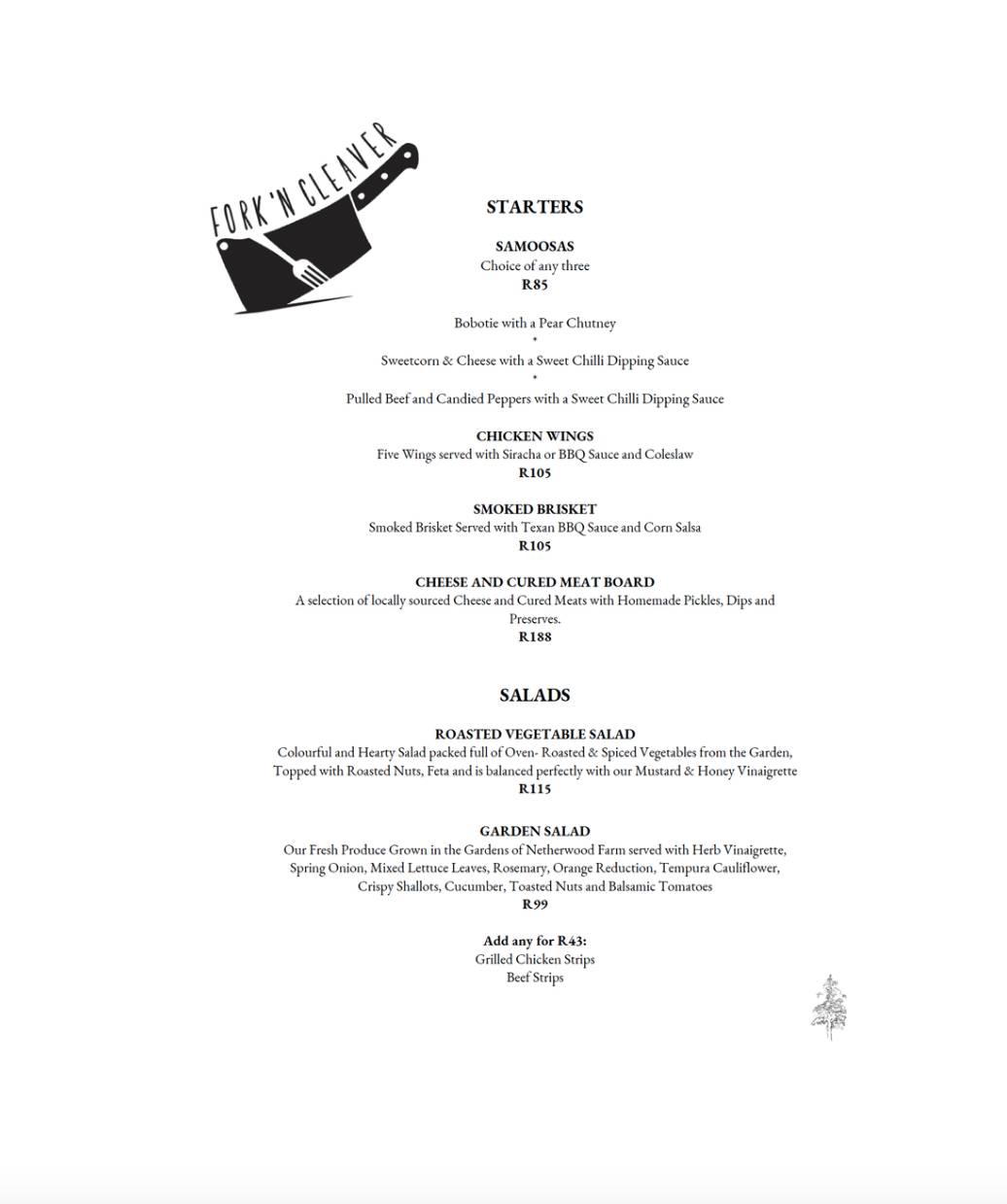Menu au Fork n Cleaver restaurant Afrique du Sud