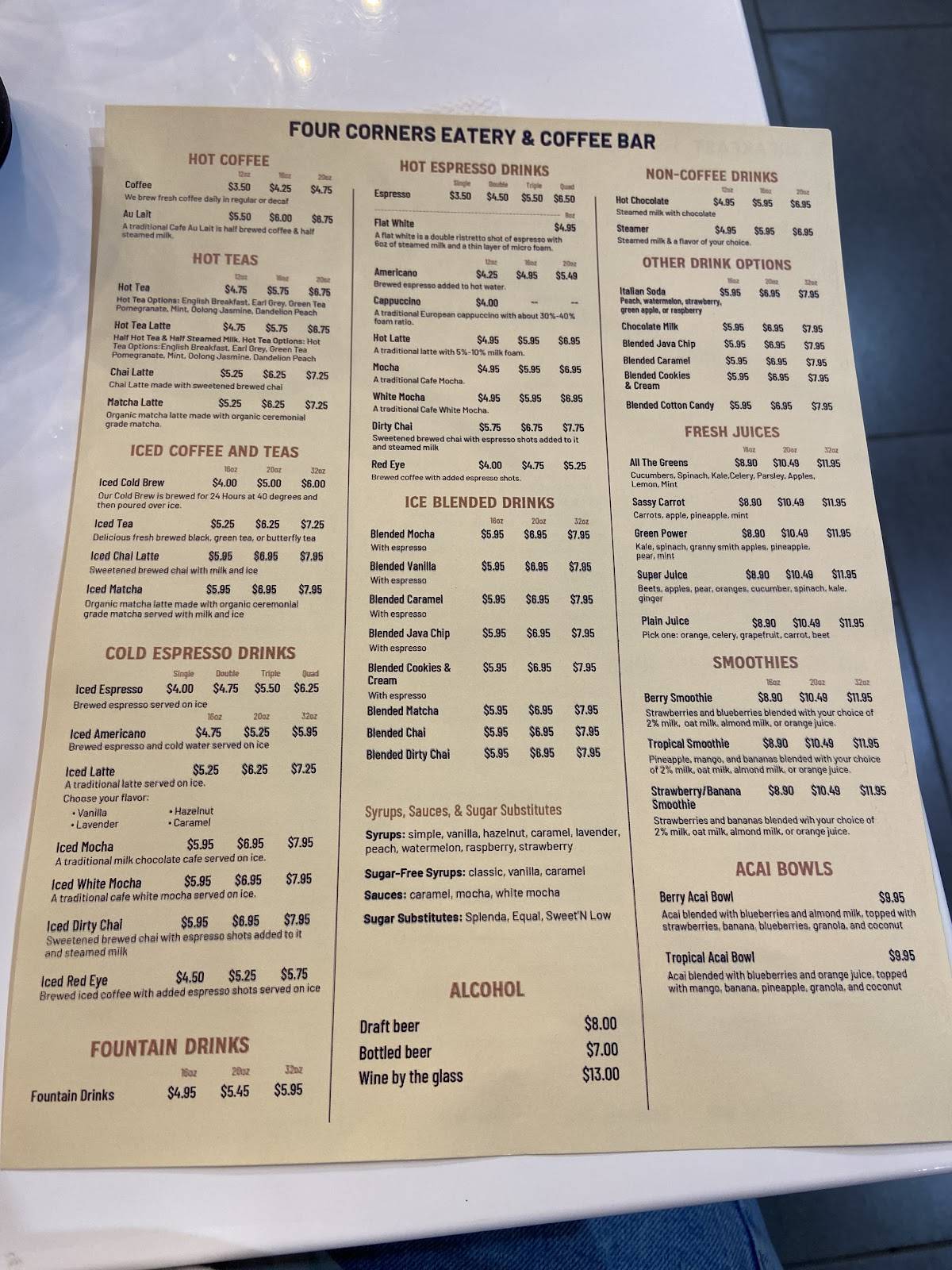 Menu at Four Corners Eatery & Coffee Bar, Redlands, 505 New Jersey St