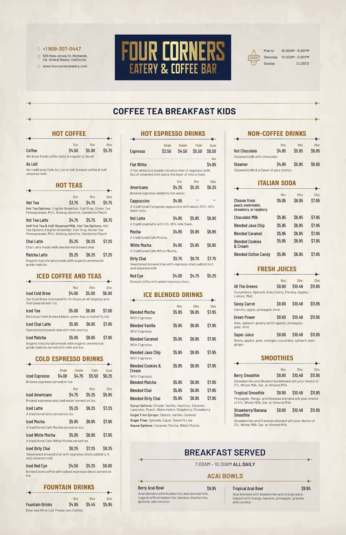 Menu at Four Corners Eatery & Coffee Bar, Redlands, 505 New Jersey St