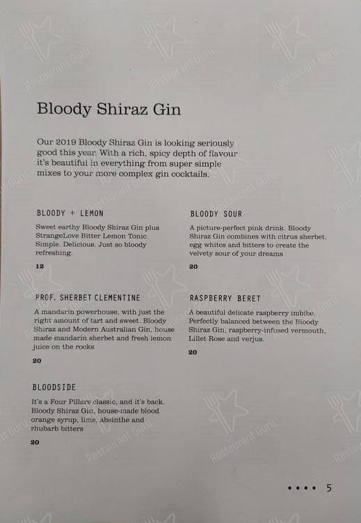 Menu at Four Pillars Gin Distillery pub & bar, Healesville