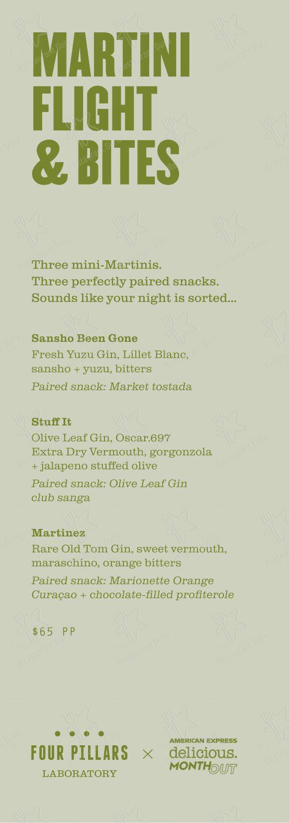 Menu at Four Pillars Gin Distillery pub & bar, Healesville
