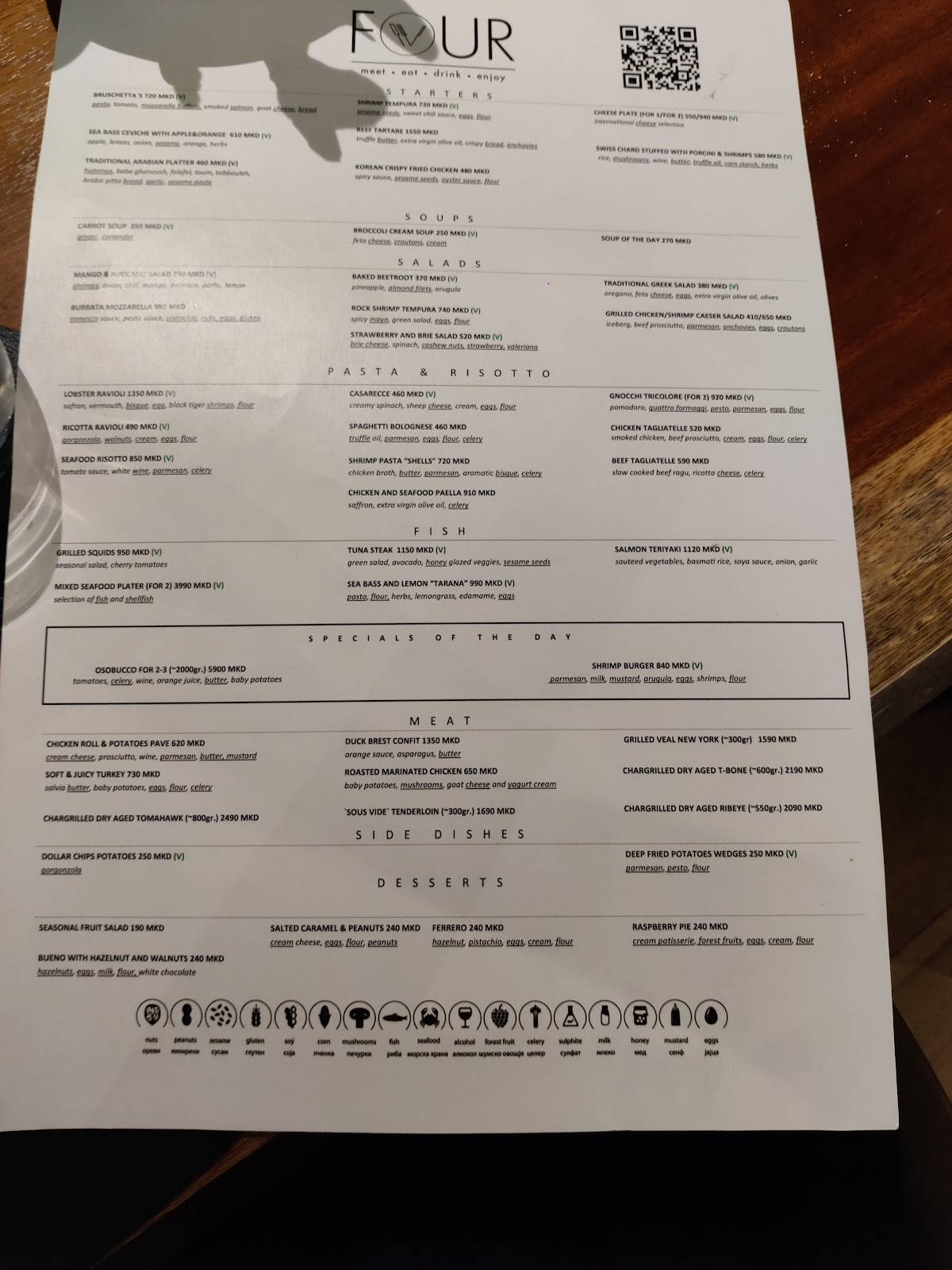 Menu at Four Restaurant, Skopje