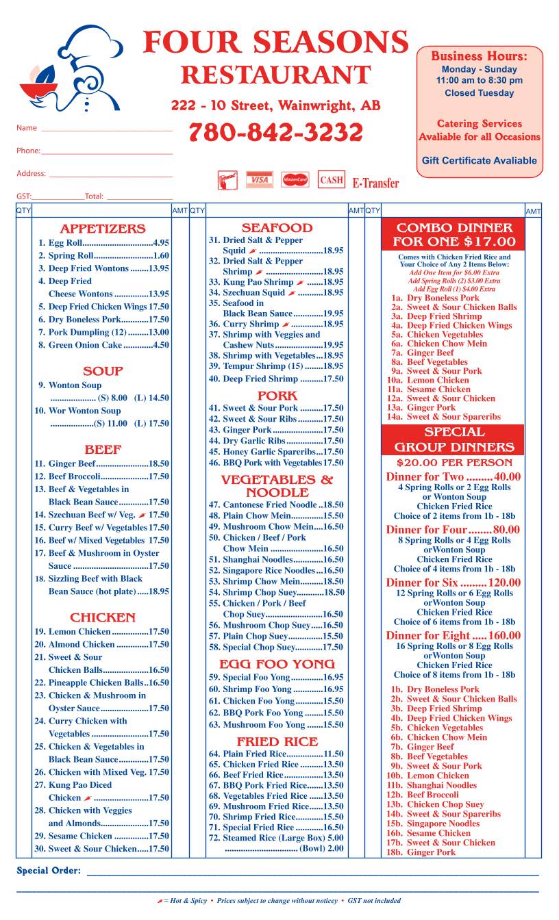 Menu at Four Seasons Restaurant, Wainwright