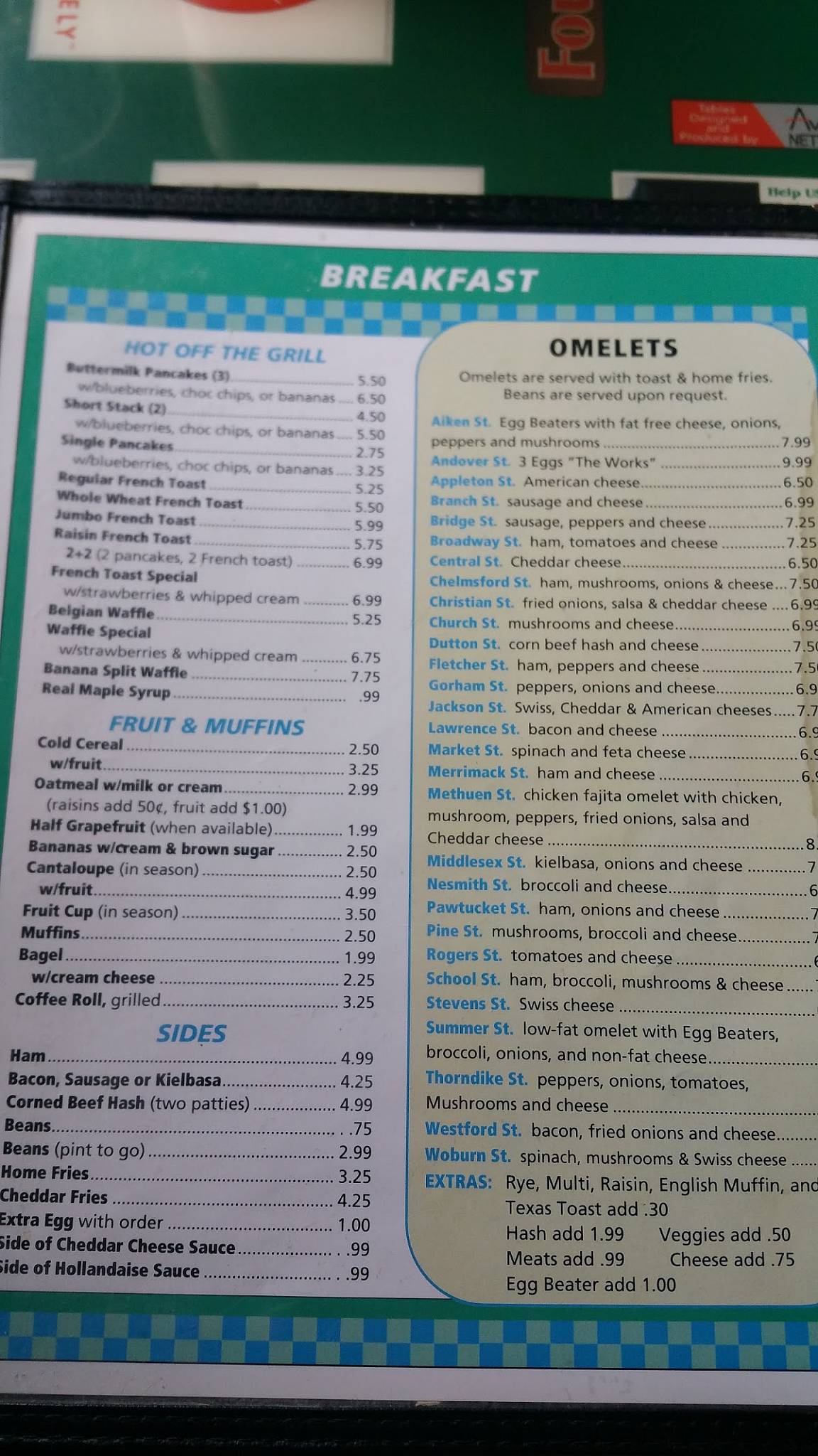 Menu at Four Sisters Owl Diner restaurant, Lowell