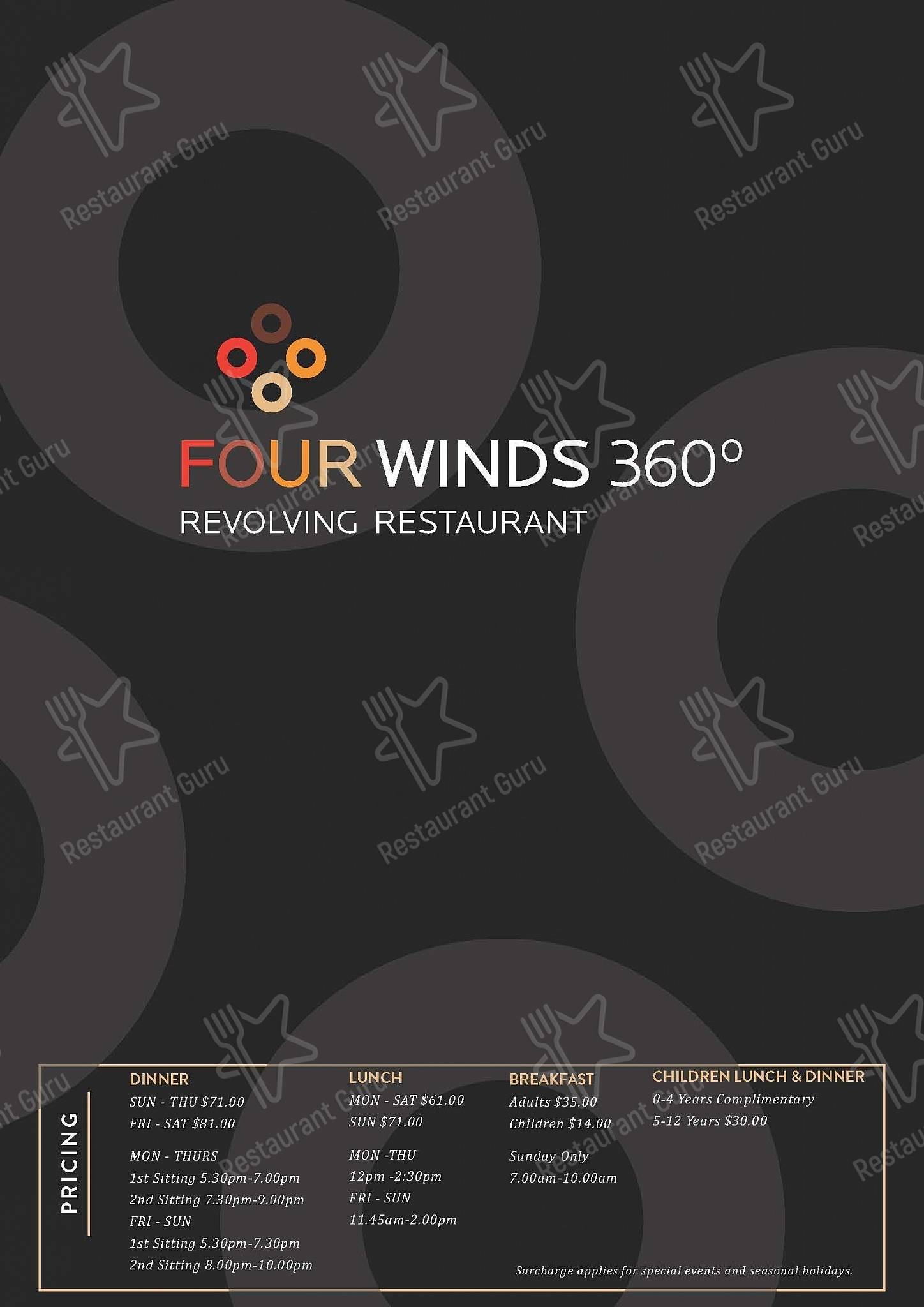 Menu at Four Winds restaurant, Surfers Paradise