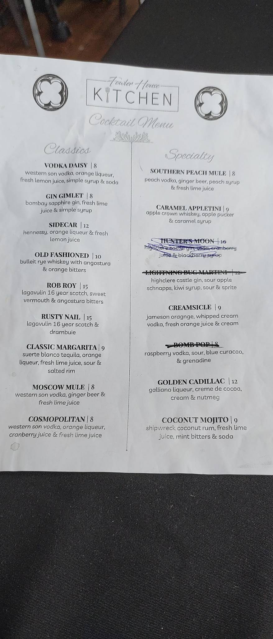 Menu at Fowler House Mansion restaurant, Lafayette