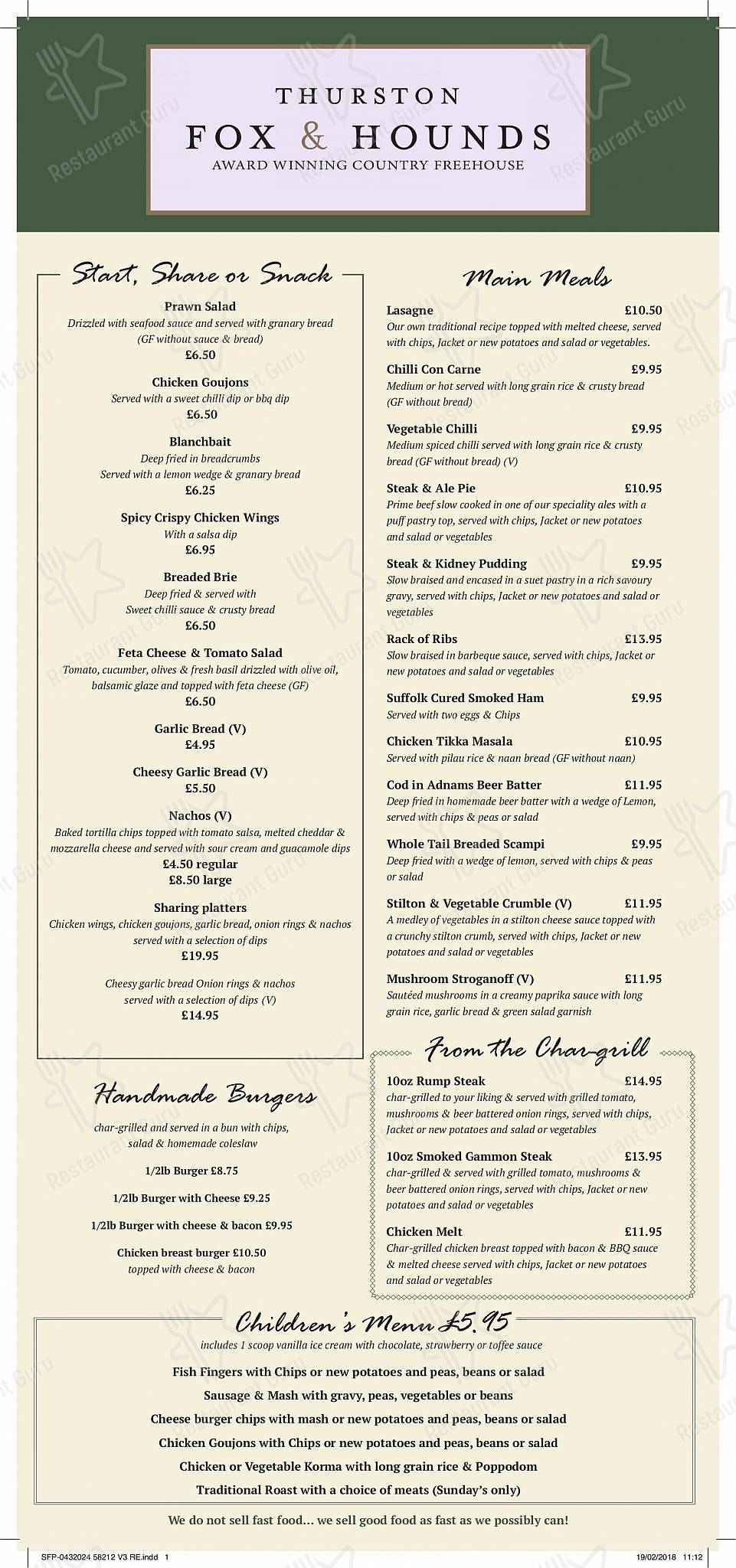 Menu at Fox and Hounds Thurston pub & bar, Thurston