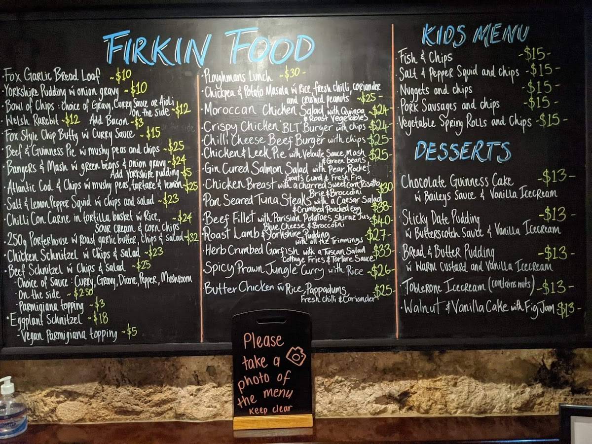 Menu at Fox & Firkin English Pub, Tea Tree Gully