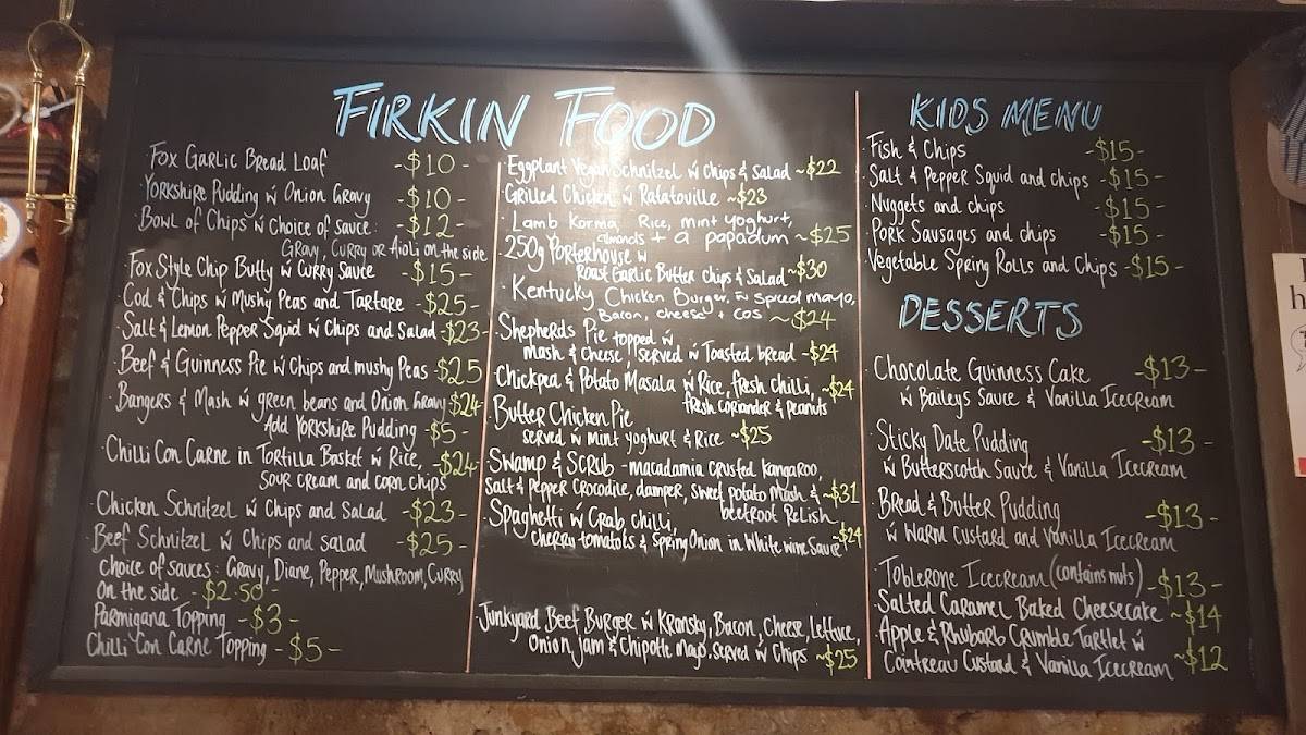 Menu at Fox & Firkin English Pub, Tea Tree Gully