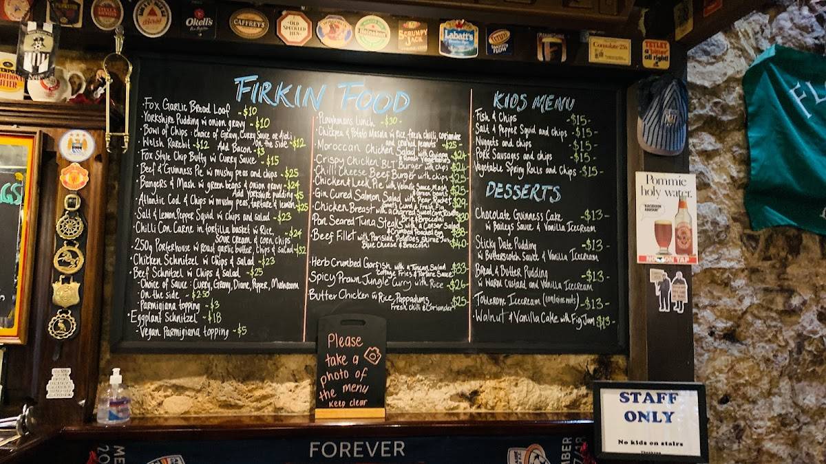Menu at Fox & Firkin English Pub, Tea Tree Gully