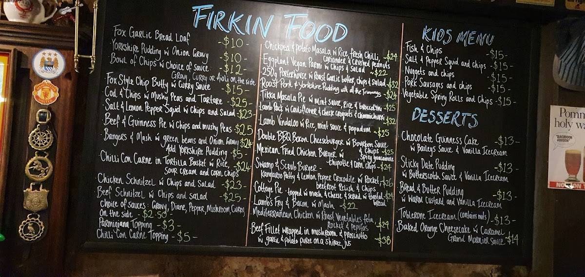 Menu at Fox & Firkin English Pub, Tea Tree Gully