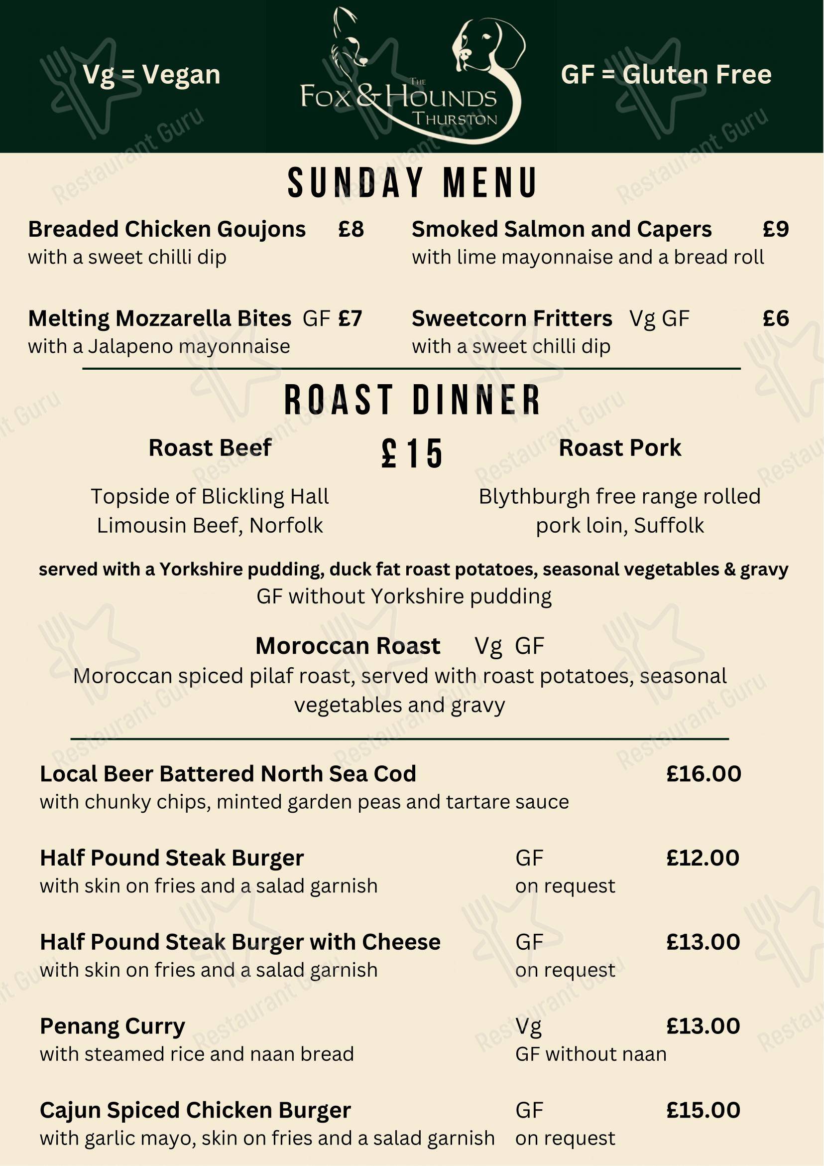 Menu at Fox and Hounds Thurston pub & bar, Thurston