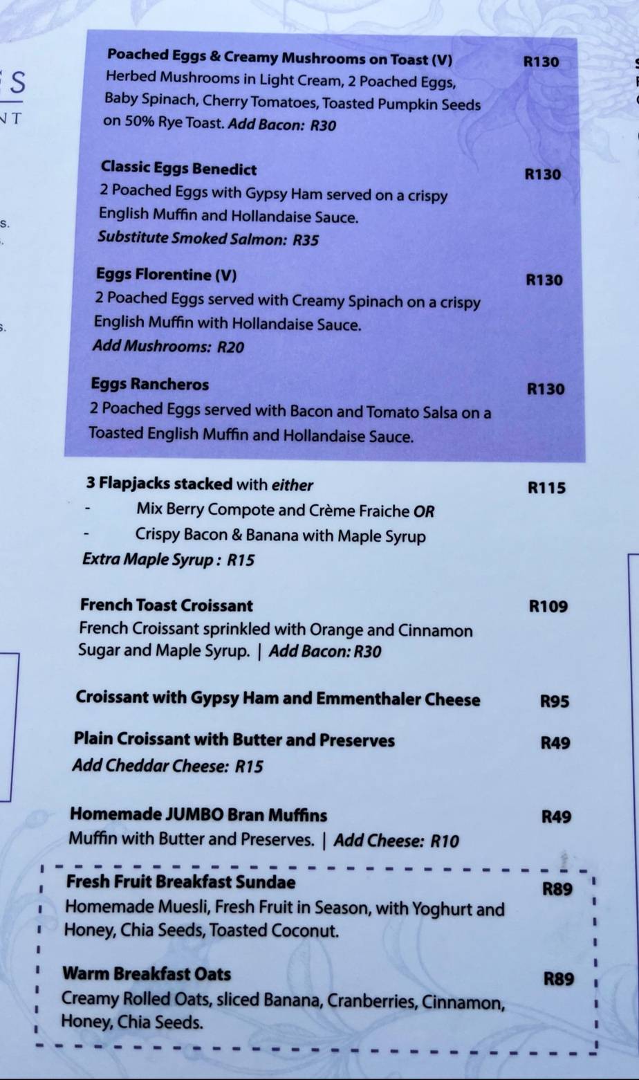 Menu at Fraiche Ayres Restaurant, Cape Town