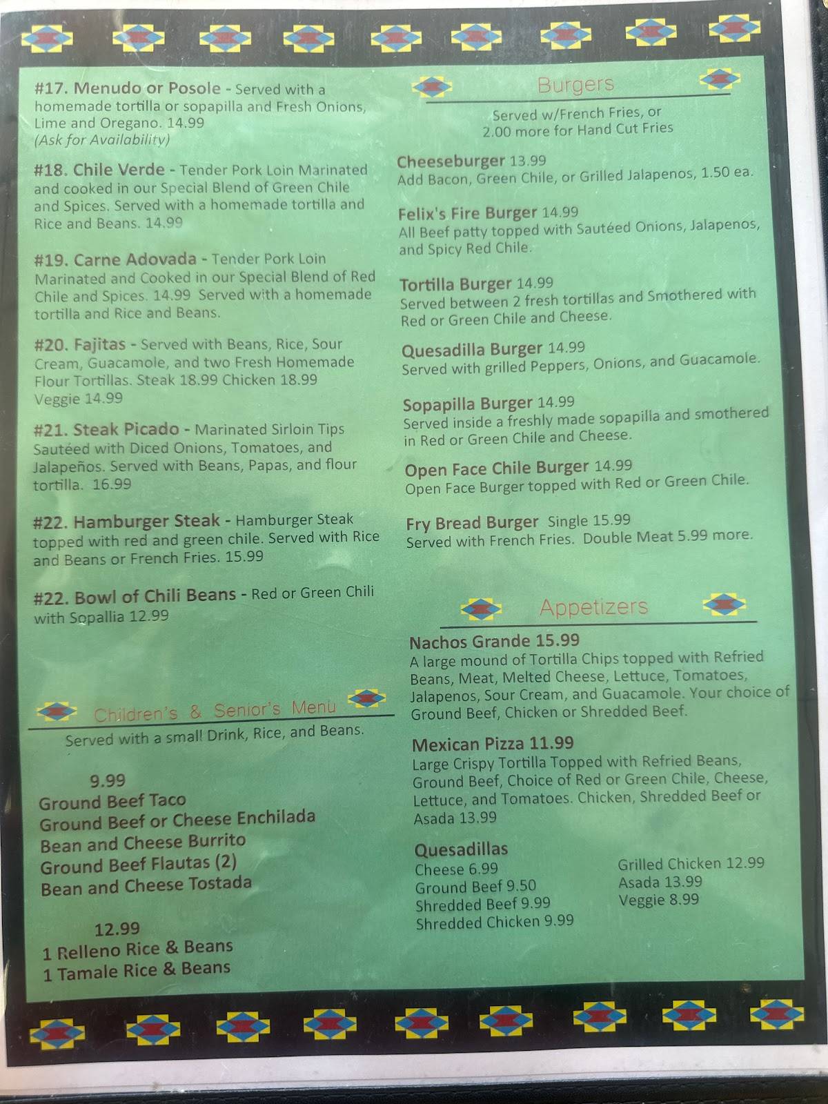 Menu at Francisca's restaurant, Farmington