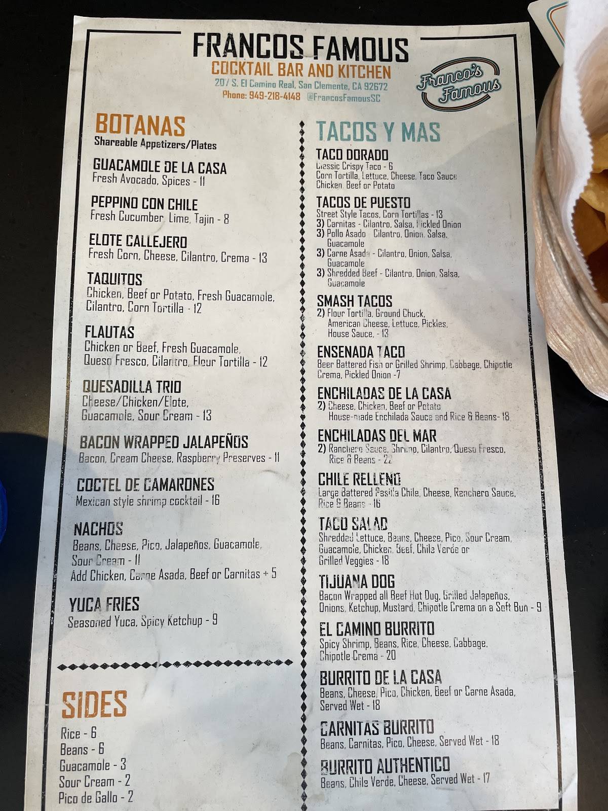 Menu at Franco's Famous San Clemente pub & bar, San Clemente