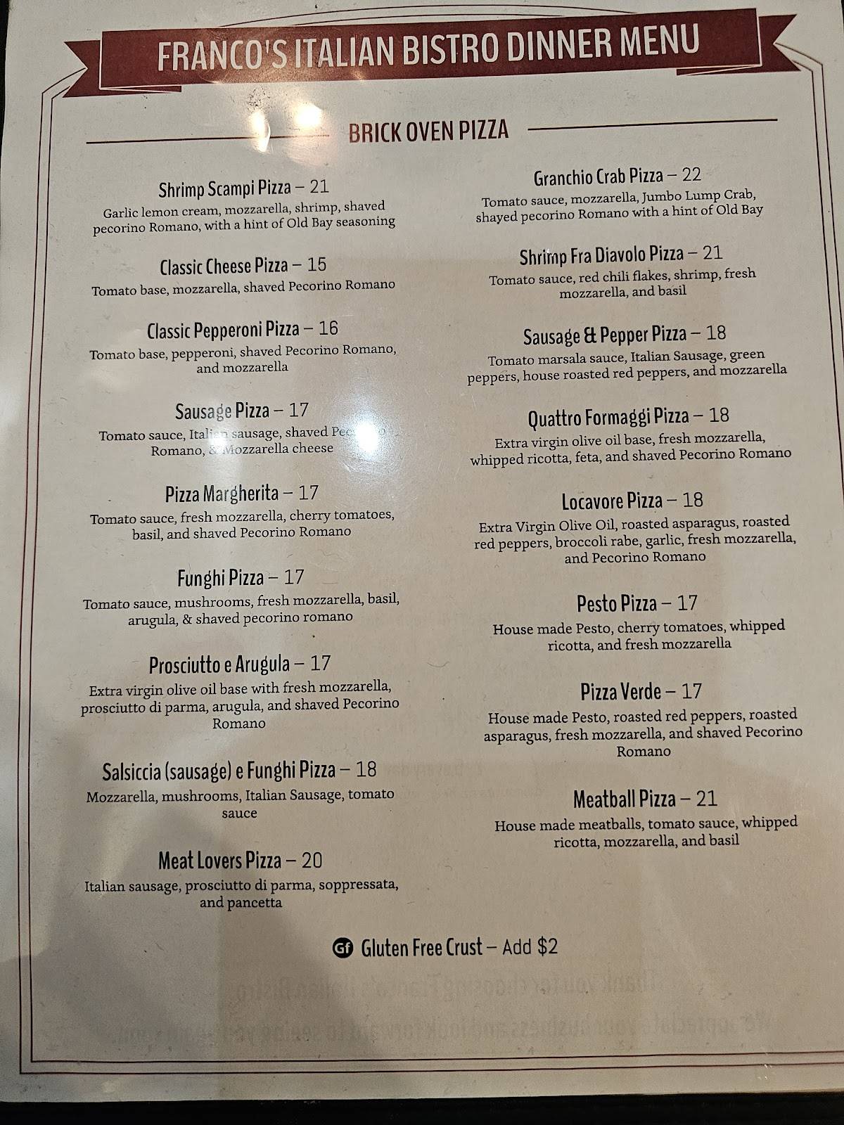 Menu at Franco's Italian Bistro Catonsville restaurant, Catonsville
