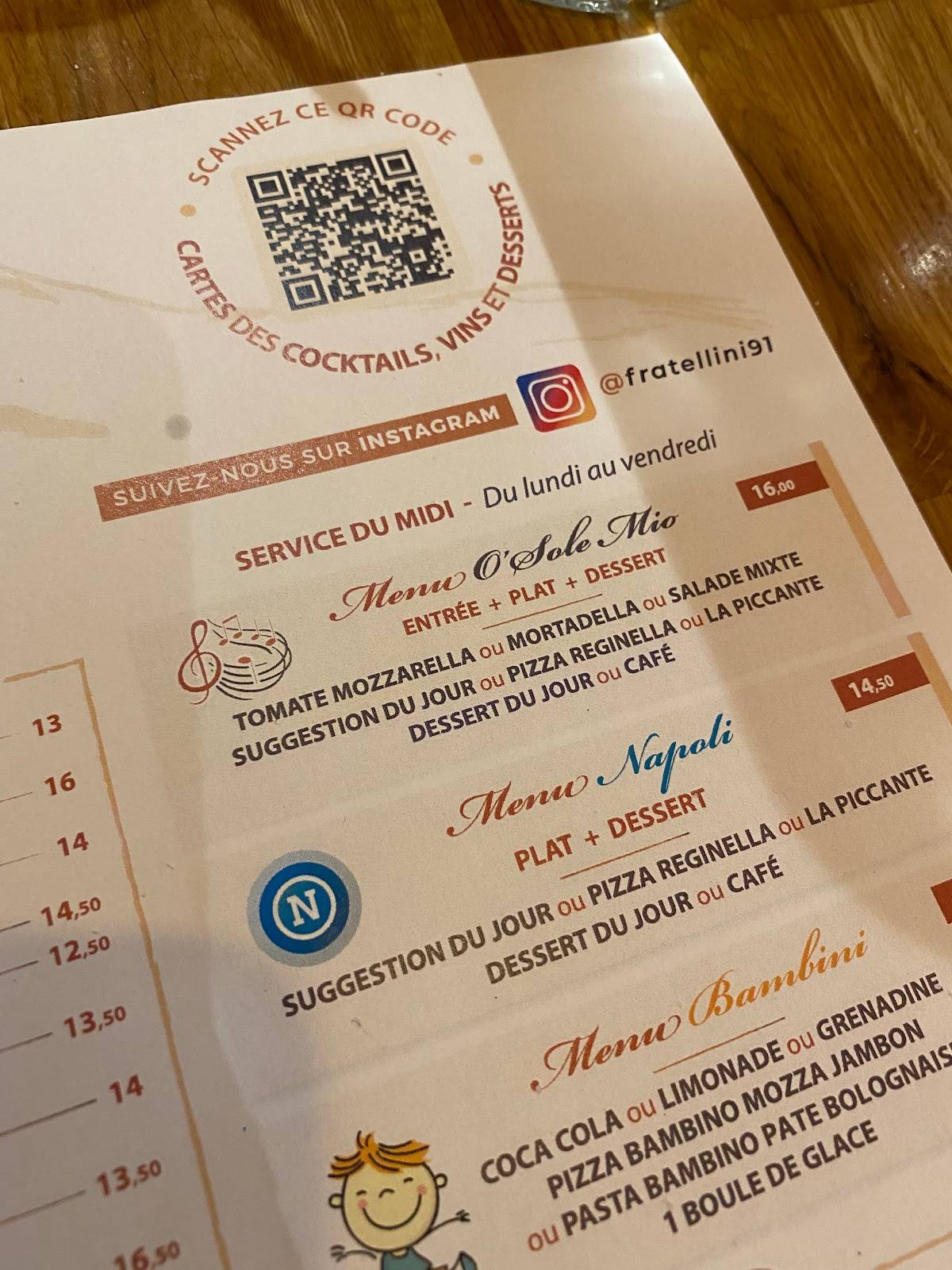 Menu au Fratellini restaurant, Morangis