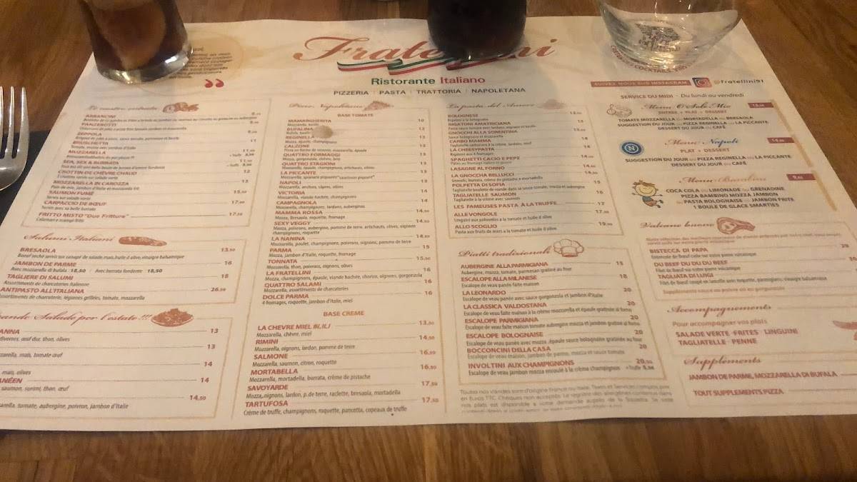 Menu au Fratellini restaurant, Morangis