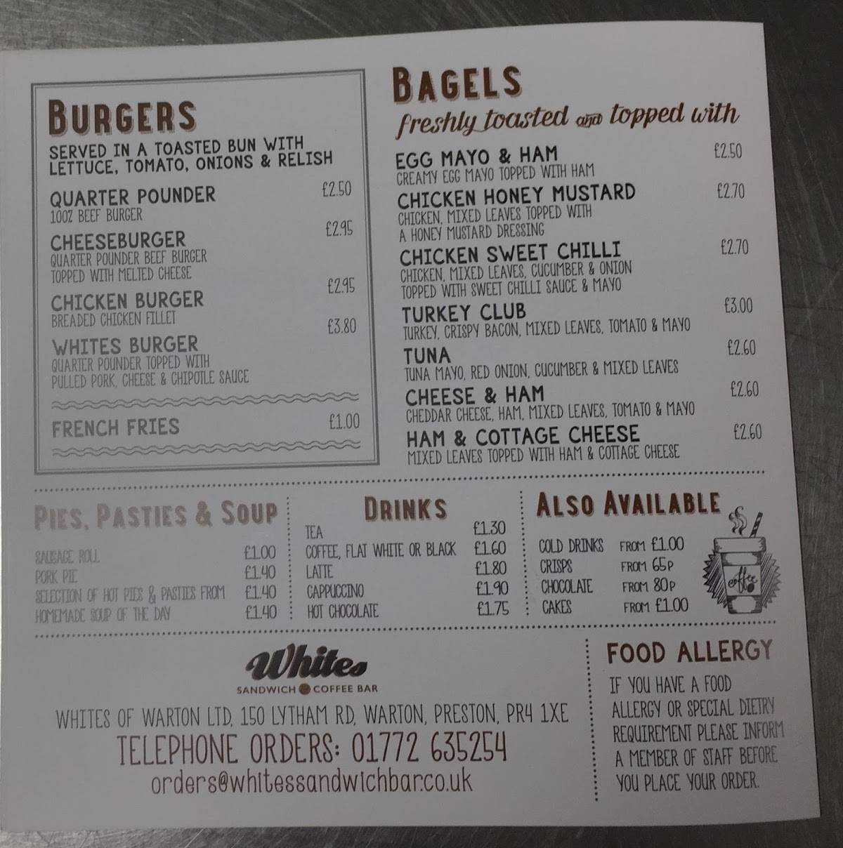 Menu at Whites Sandwich Coffee Bar, Freckleton, 150A Lytham Rd