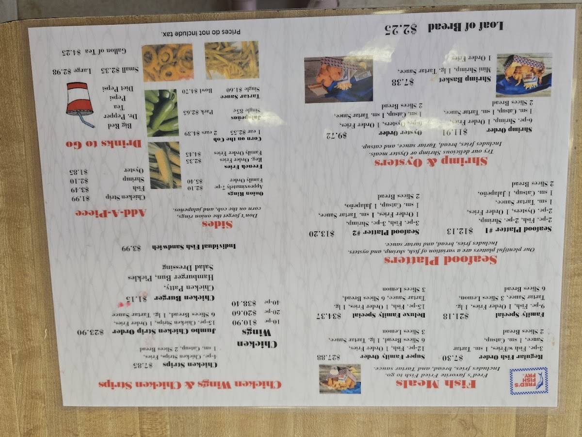 Menu at Fred's Fish Fry restaurant, San Antonio, Blanco Rd