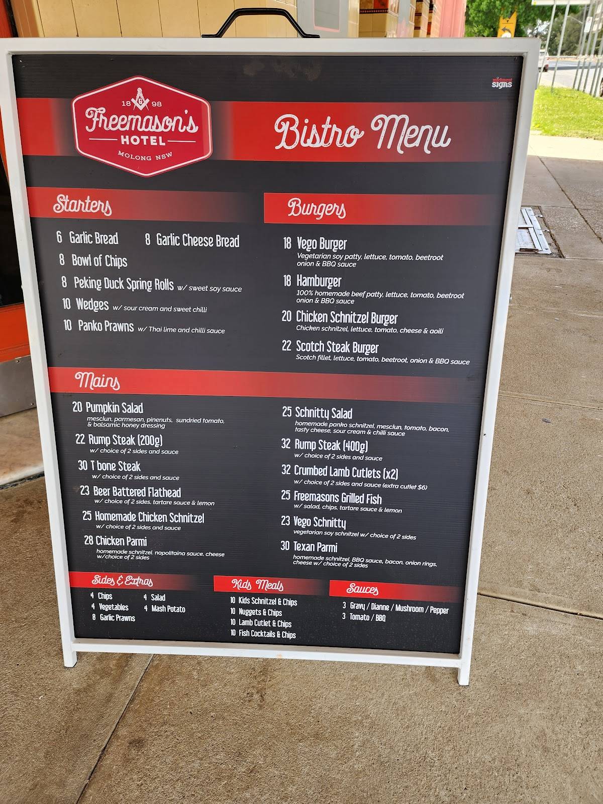 Menu at Freemasons Hotel pub & bar, Molong