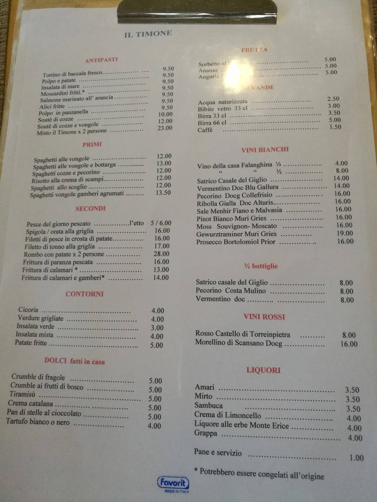 Menu da Il Timone ristorante, Fregene