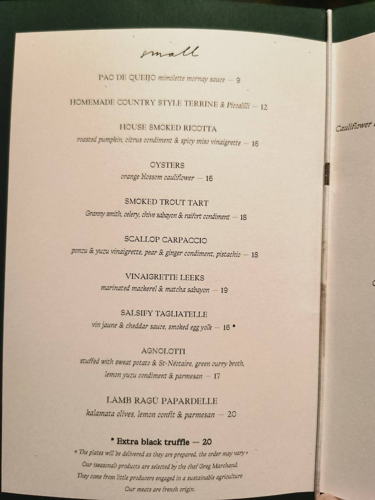 Menu at Frenchie restaurant, Paris, 5 Rue du Nil