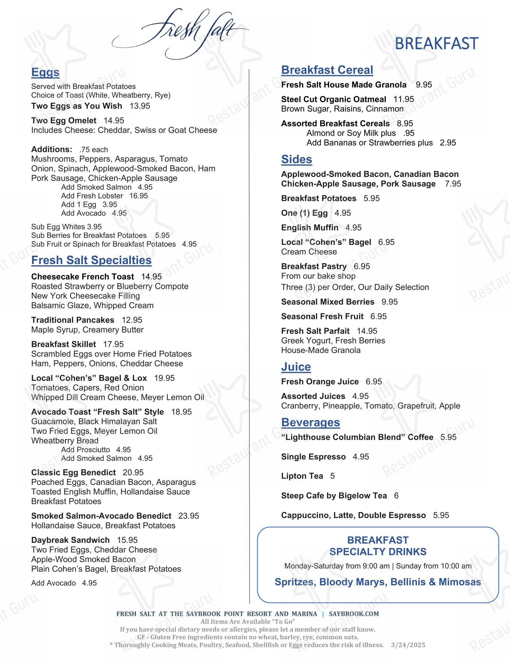 Menu at Fresh Salt restaurant, Old Saybrook