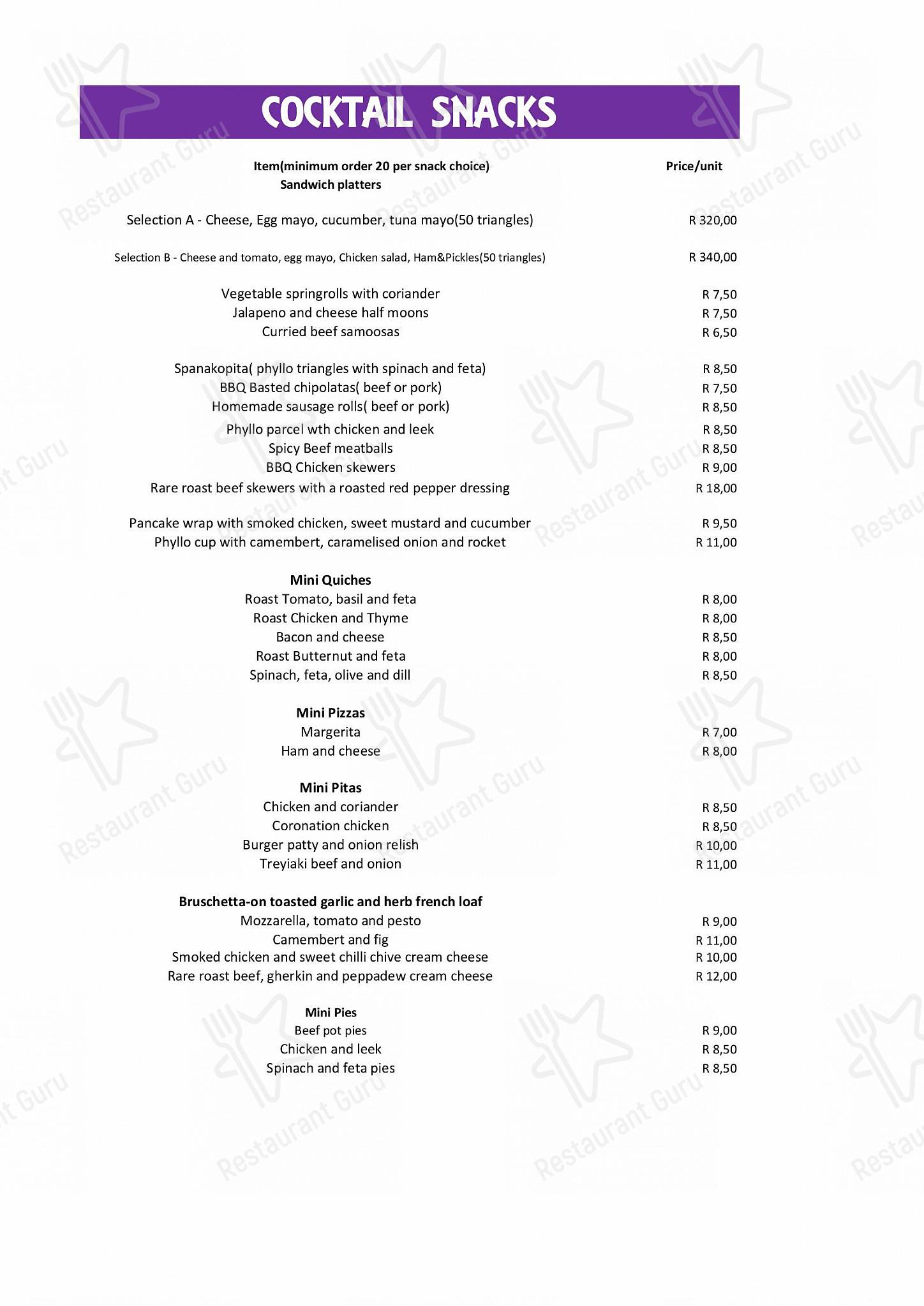 Menu at Freya's Speciality Cakes bakery, Cape Town