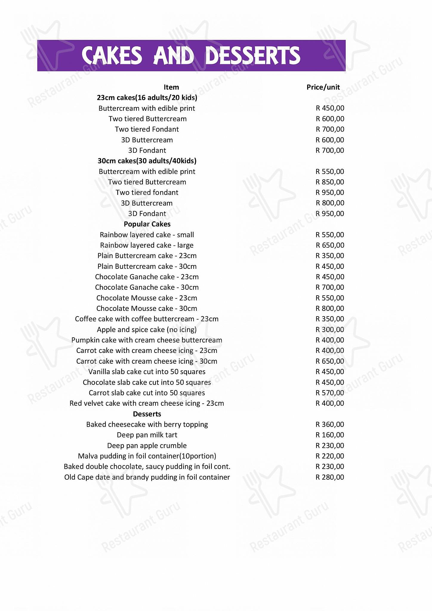 Menu at Freya's Speciality Cakes bakery, Cape Town