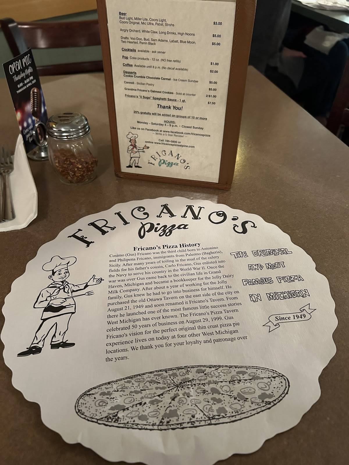 Carta de Fricano's Pizza Restaurant, Comstock Park