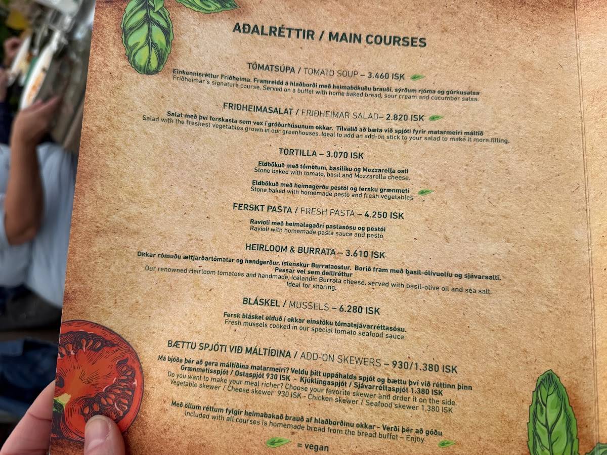 Menu at Friðheimar restaurant, Reykholt