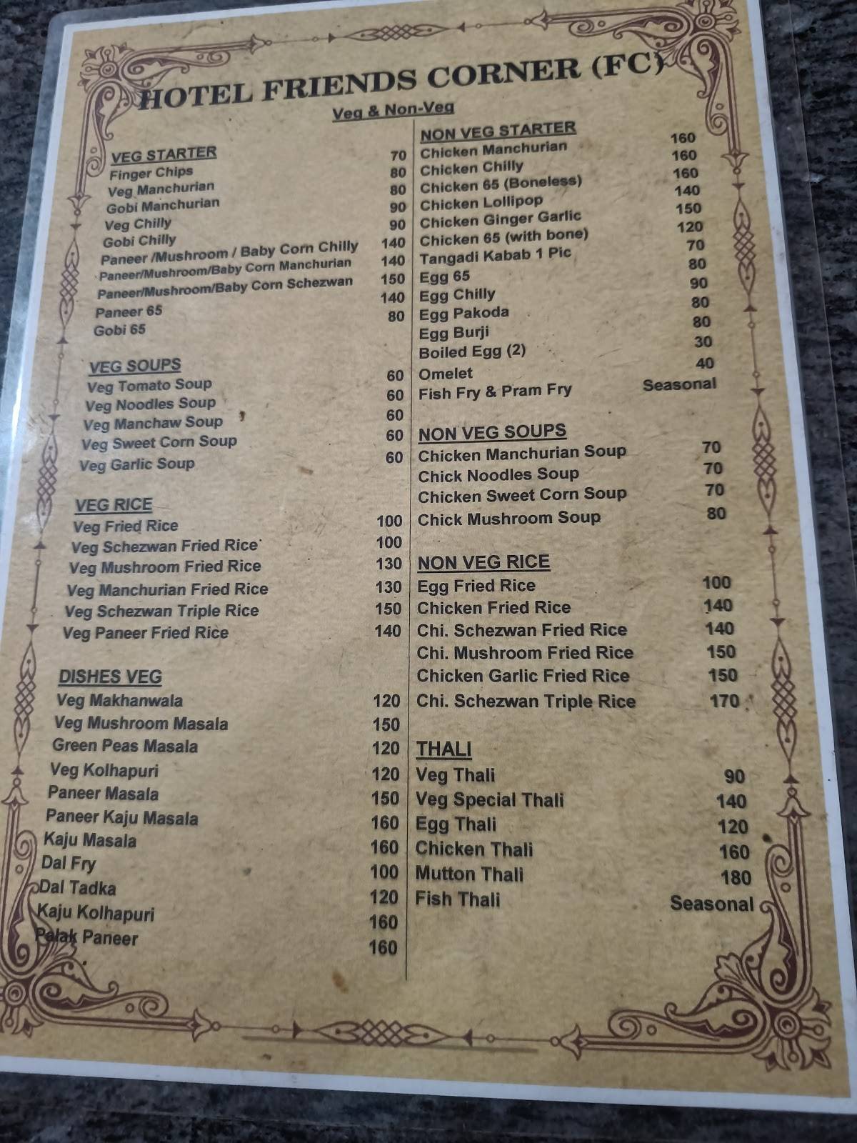 Menu at Friends Corner, Belgaum