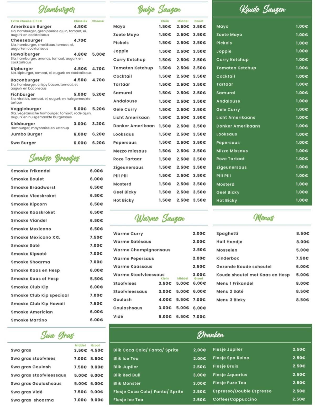 Menu at Frituur SWA Bree, Bree