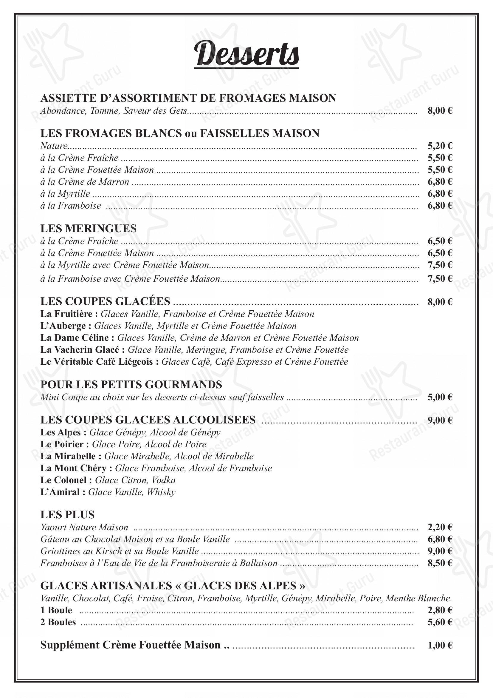 Menu at La Fruitière des Perrières restaurant, Les Gets, 137 route des ...