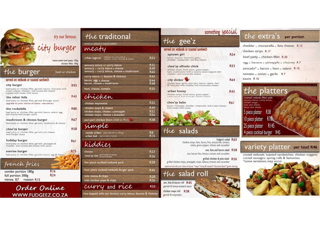 Menu at Fudgee'z Vetkoek Vanderbijlpark restaurant, Vanderbijlpark