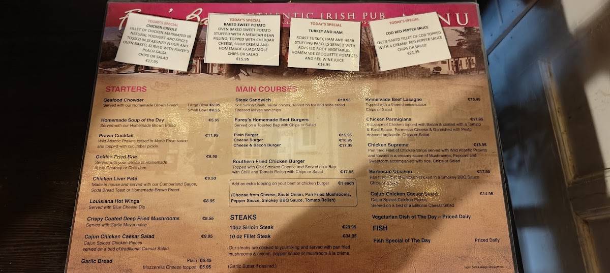 Menu at Fureys Bar, Moyvally