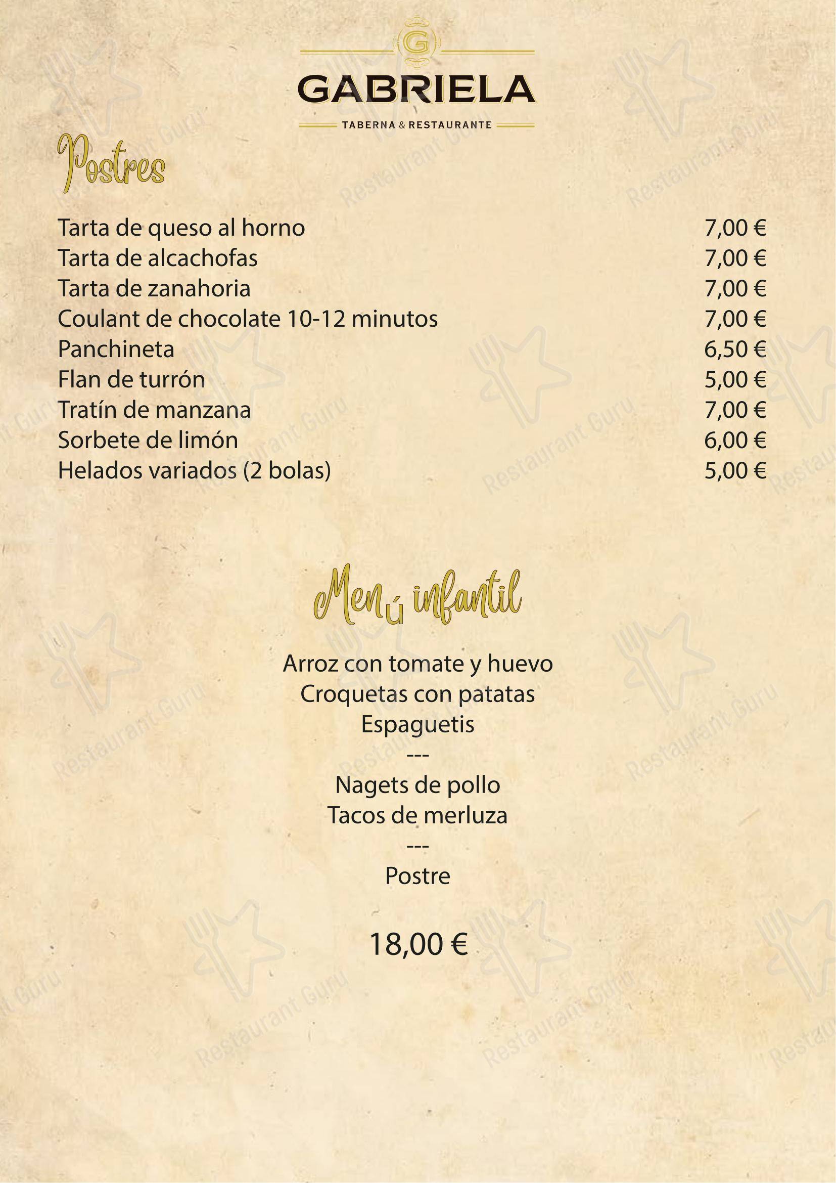 Carta de GABRIELA TABERNA & RESTAURANTE, Majadahonda