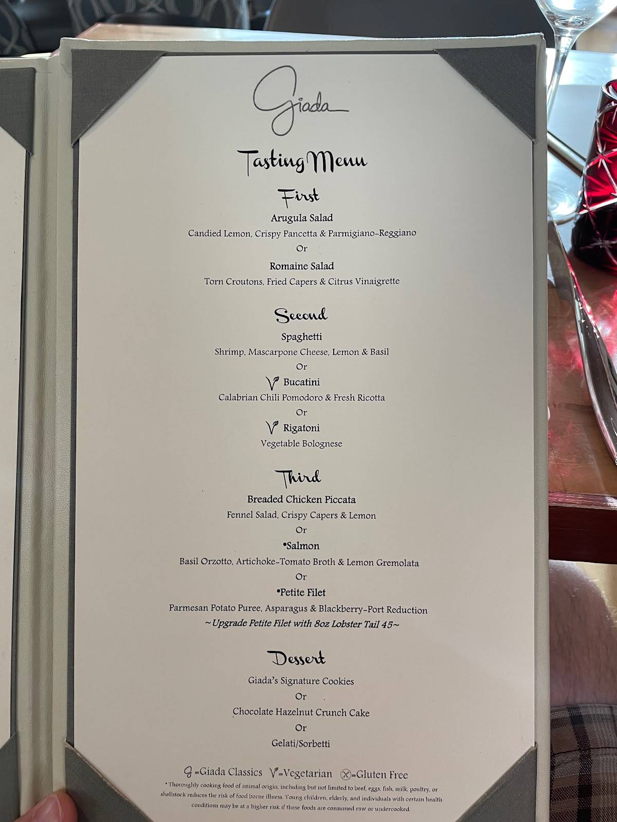 Menu at GIADA restaurant, Las Vegas, Las Vegas Blvd S