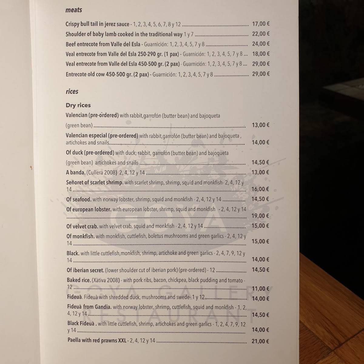Carta de Restaurante Goya Gallery, Valencia, Carrer de Borriana
