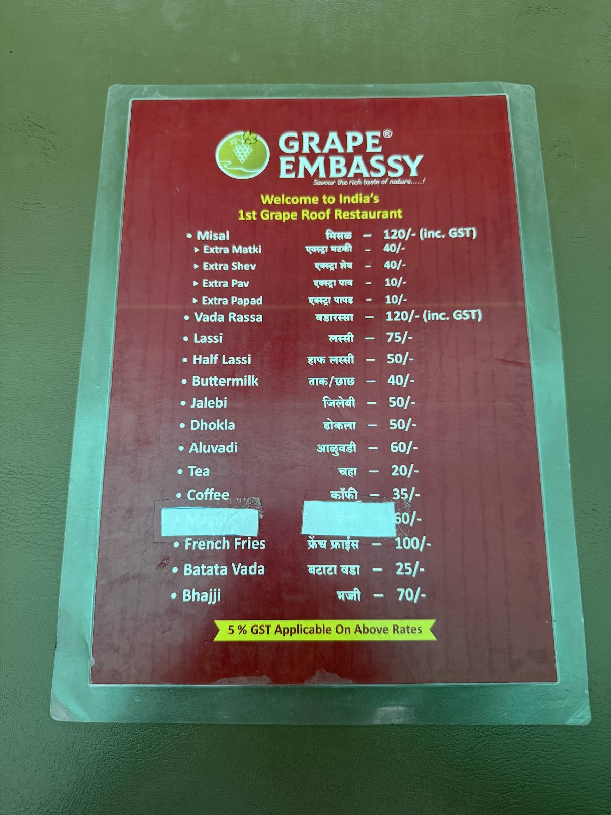 Menu at GRAPE EMBASSY & ZATKA MISAL, Nashik