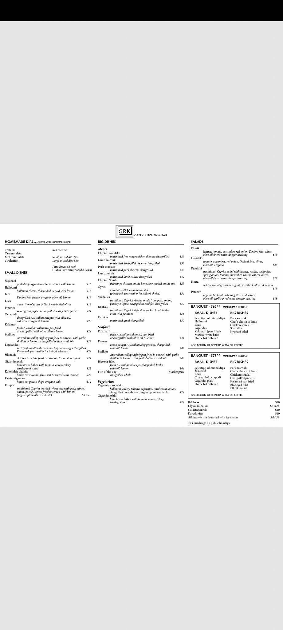 Menu at GRK Greek Kitchen and Bar, Thornbury