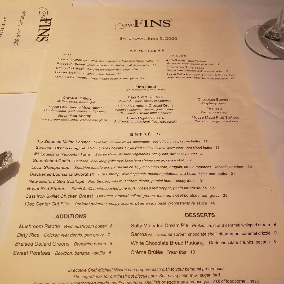 Menu at GW Fins restaurant, New Orleans
