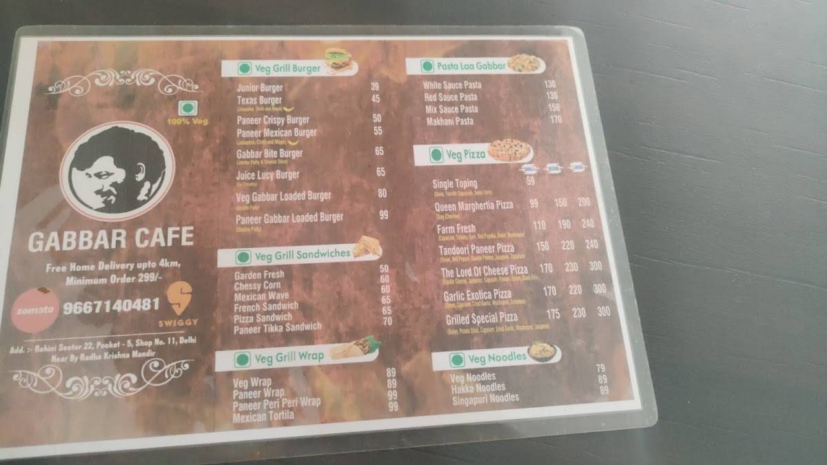 Menu at Gabbar cafe, New Delhi